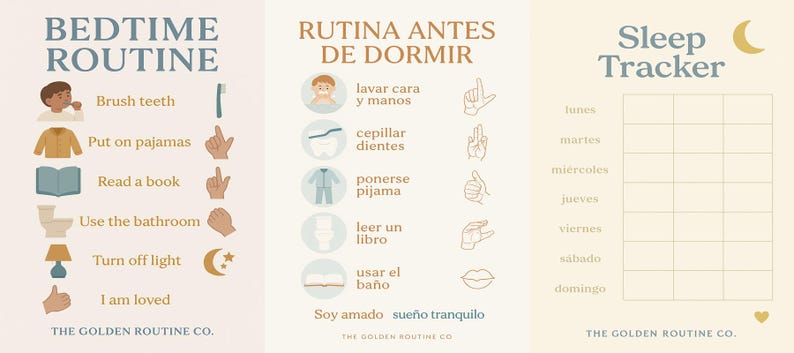 Bedtime Routine Chart for Kids, English, Spanish & ASL Printable, Sleep ...