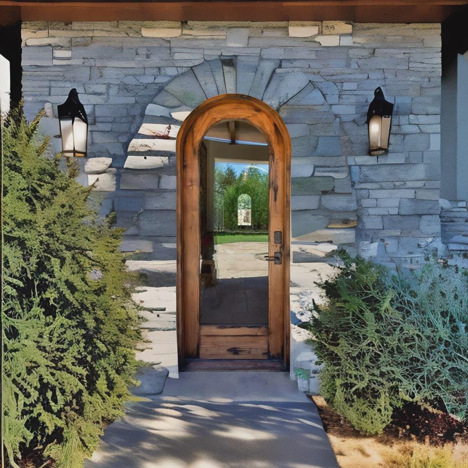 Arched Solid Wood Glass Door | Rustic Wood Entryway Clear Panel ...