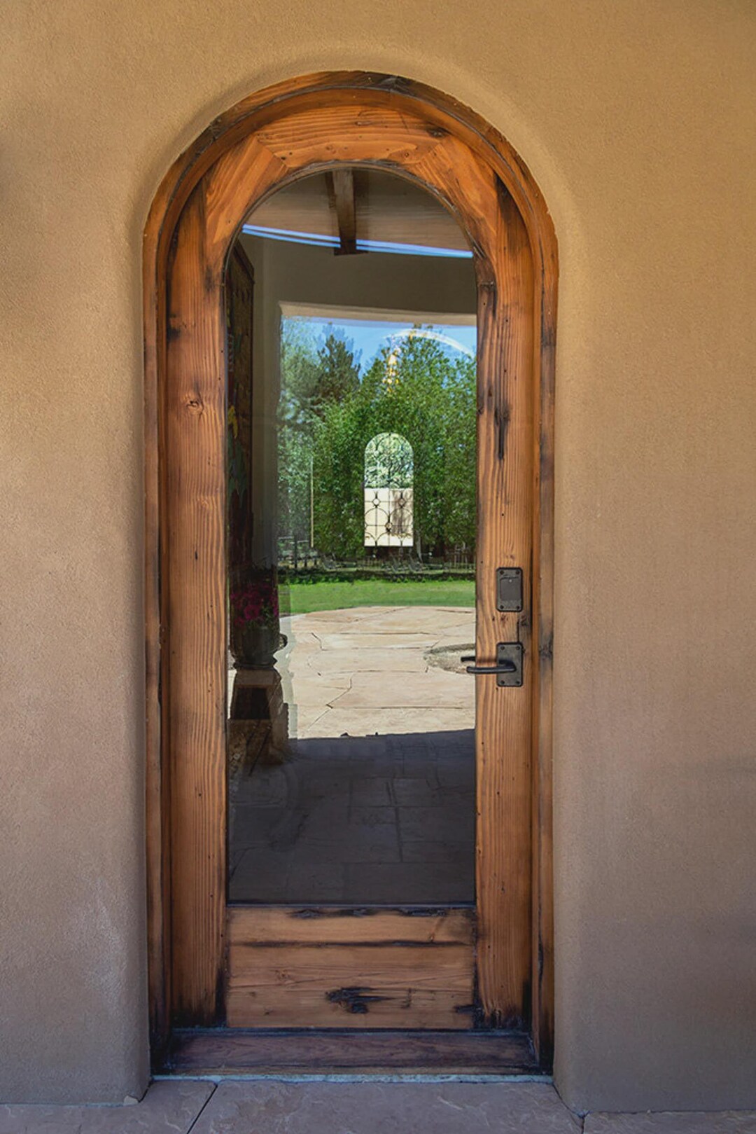 Arched Solid Wood Glass Door | Rustic Wood Entryway Clear Panel ...