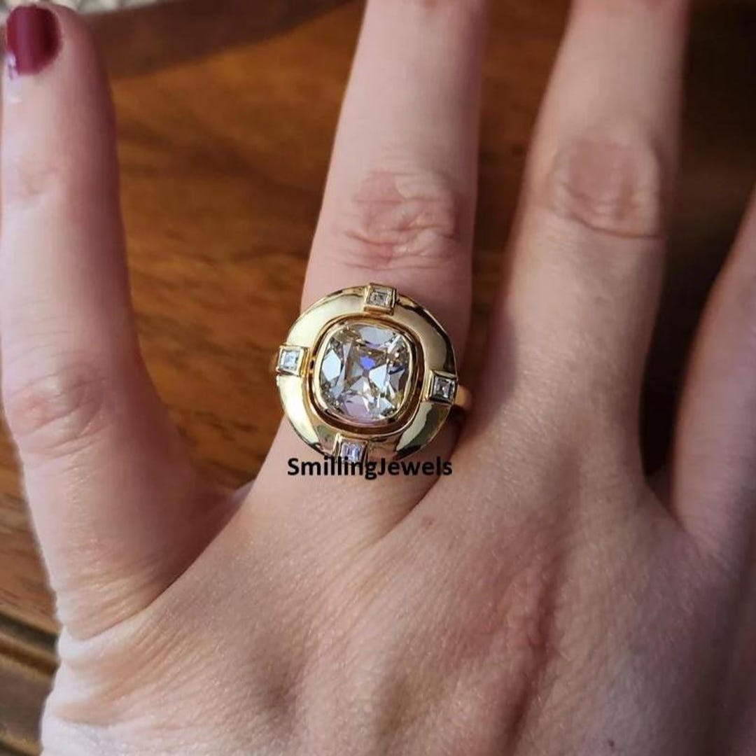 Chunky Bezel Set 5.0 CT Old Mine Cushion Cut Moissanite Engagement Ring ...