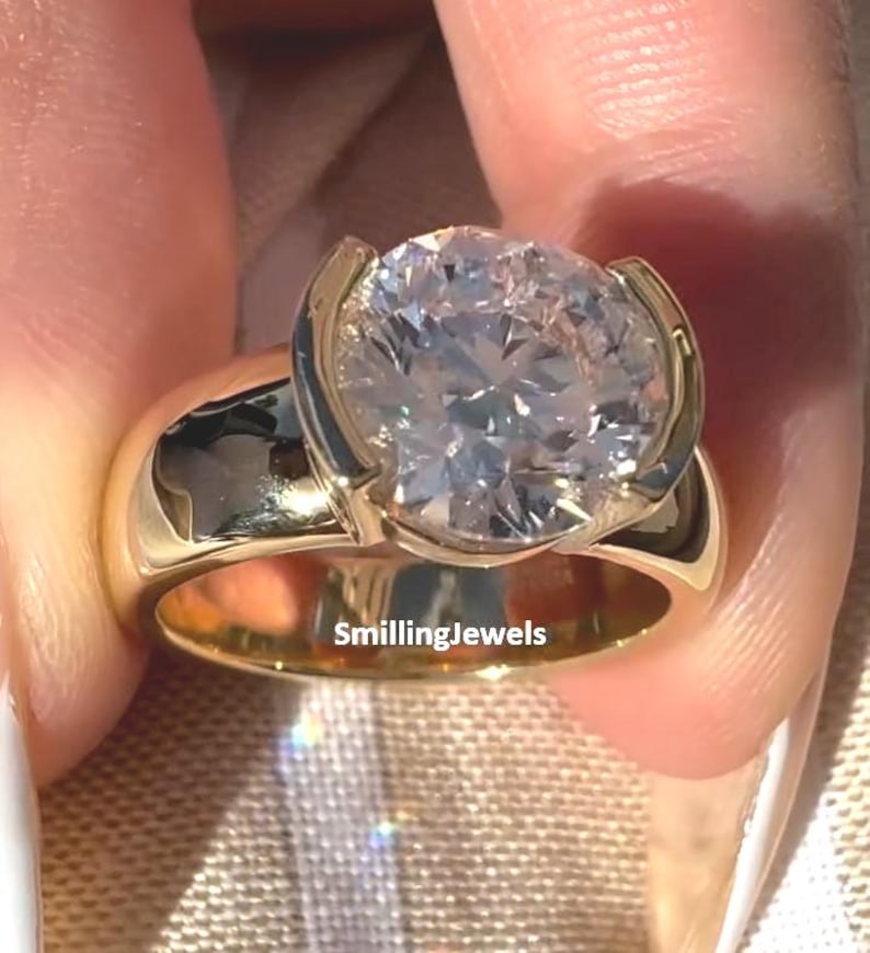 10 MM Round Brilliant Cut Moissanite Engagement Ring, Half Bezel Set ...