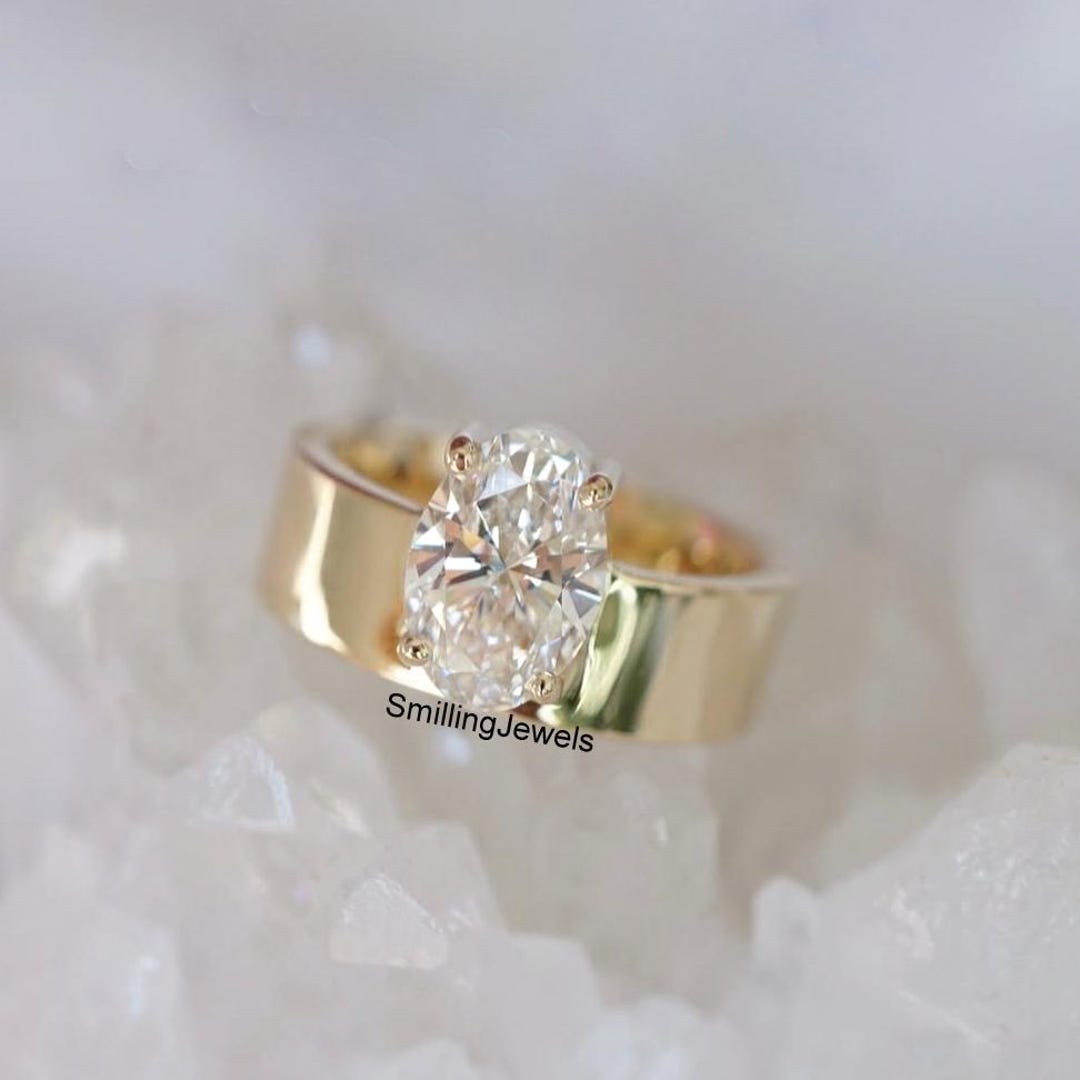 Classic Wide , Unique Style Offset Diamond Wedding Ring, 2.0 CT Oval ...