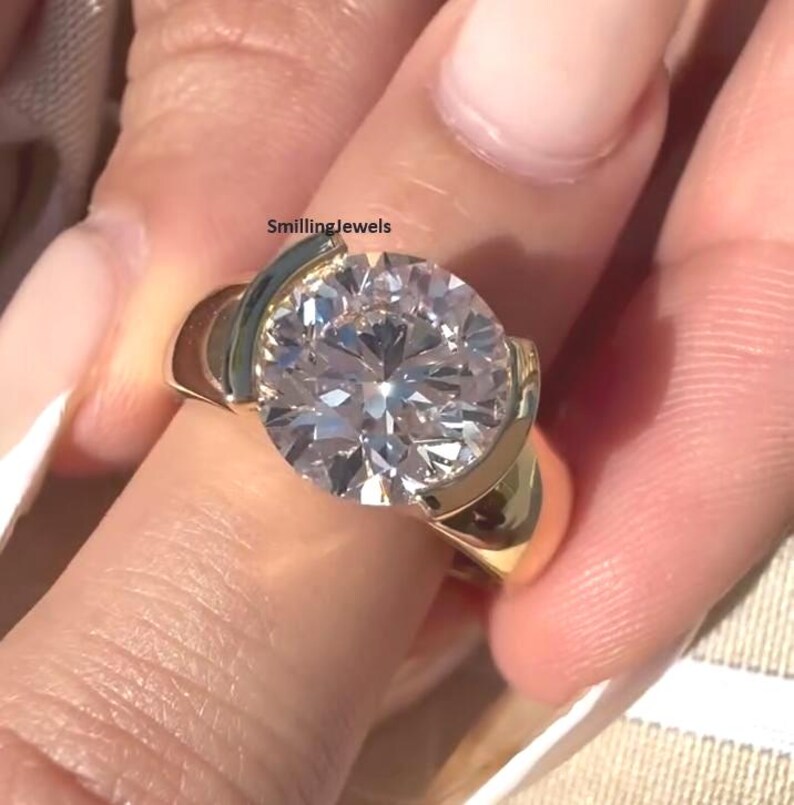 10 MM Round Brilliant Cut Moissanite Engagement Ring, Half Bezel Set ...