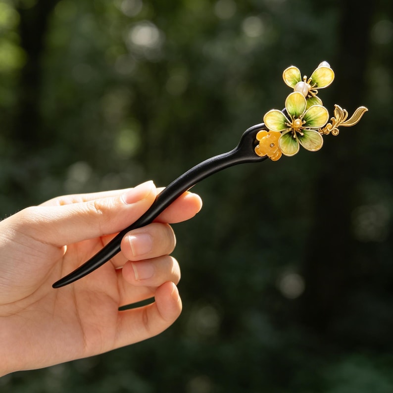 Sandalwood Hair Stick With Flower Carving,velvet Flower Hair Pin ...