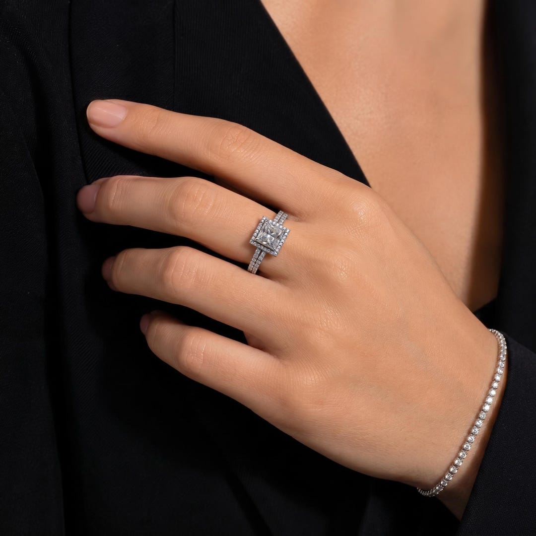 Princess Cut Diamond Halo Engagement Ring 14K White Gold - Etsy