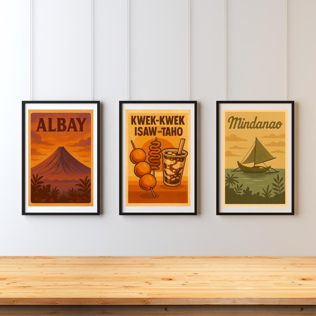 Retro Filipino Wall Art Bundle – 5 Printable Posters | Jeepney, Taho, Mayon Volcano, Vinta, Sari ...
