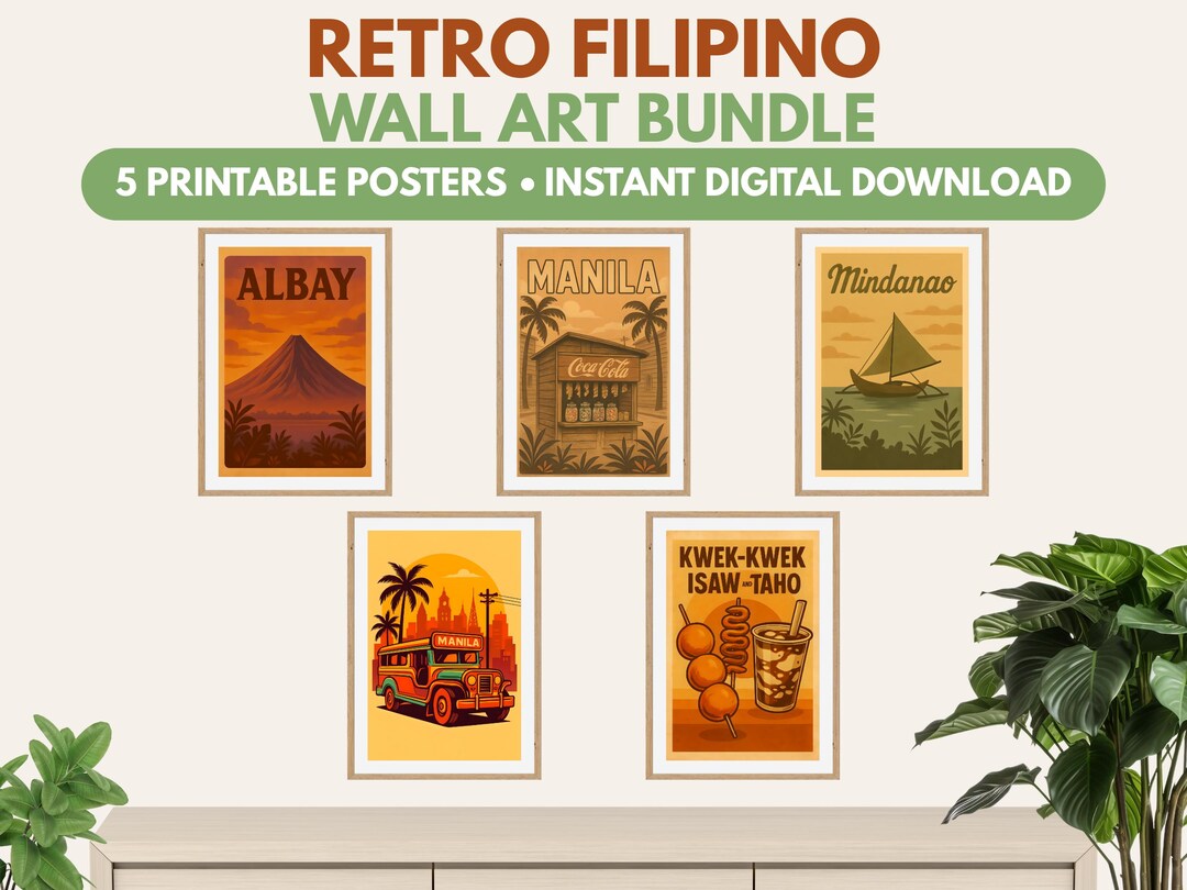 Retro Filipino Wall Art Bundle – 5 Printable Posters | Jeepney, Taho, Mayon Volcano, Vinta, Sari ...