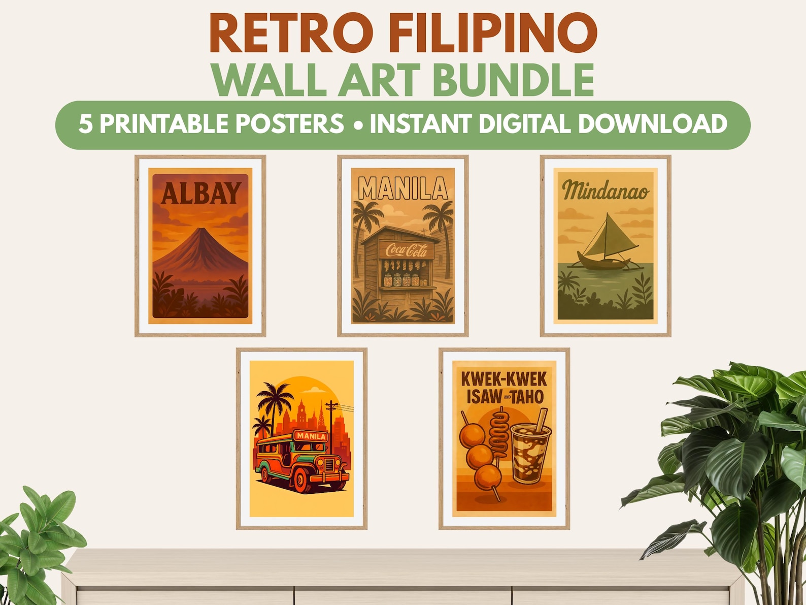 Retro Filipino Wall Art Bundle – 5 Printable Posters | Jeepney, Taho, Mayon Volcano, Vinta, Sari ...
