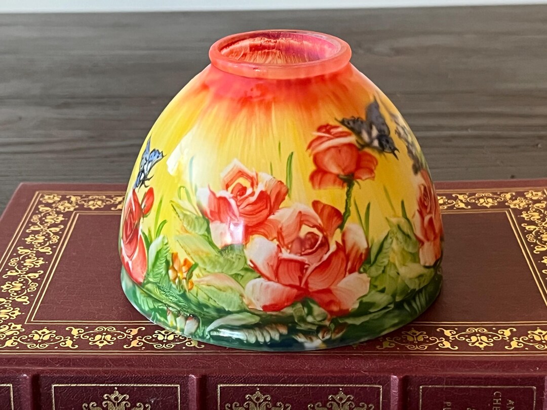 Vintage Reverse Painted Fairy Lamp Shade Pink Floral Butterfly Motif ...
