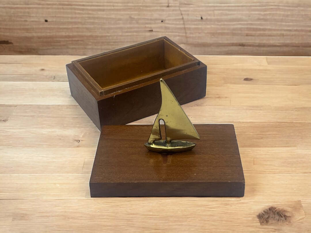 Vintage Modern Brass Sailboat Wooden Box Felt Accent Decor Trinket ...