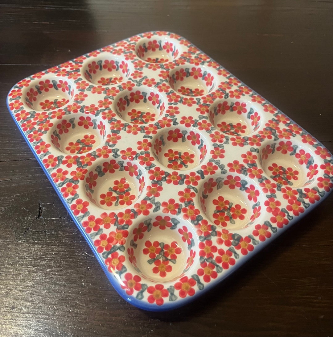 Polish Pottery Andy Red Lattice 12 Mini Cup Muffin Pan Portugal - Etsy