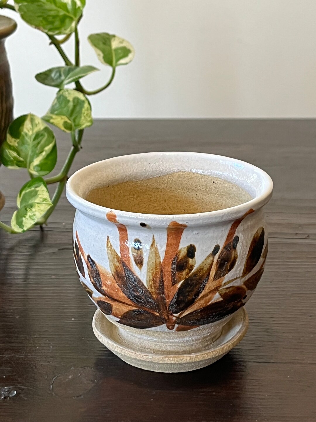 Artisan Stoneware Pottery Planter Hand Painted Flower Pot Water Catch ...