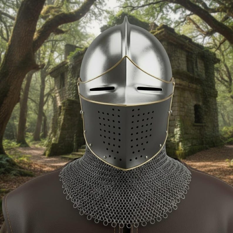 Medieval Bascinet Helmet, Steel Chainmail Aventail, Houndskull Visor ...