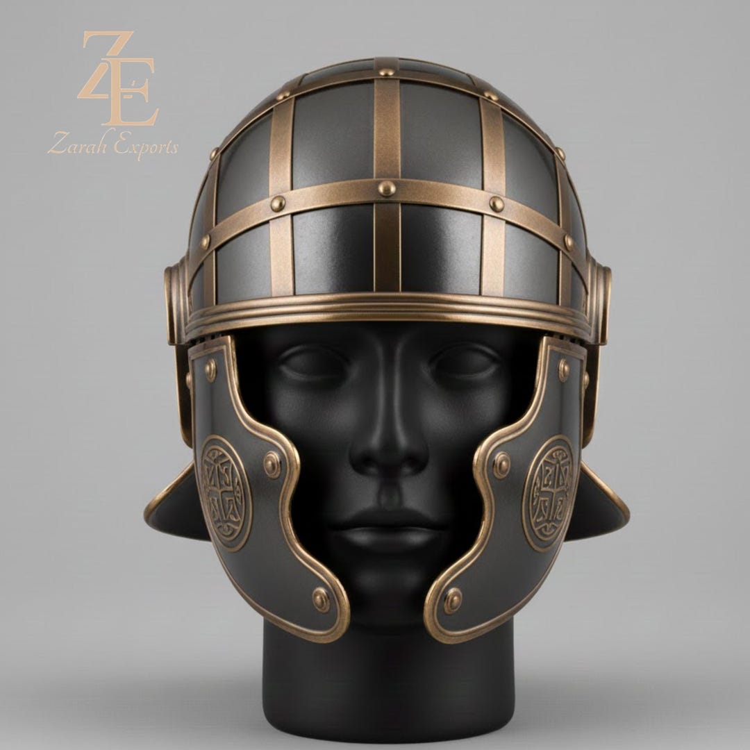 Black and Brass Roman Spangen Helmet, Wide Banded Medieval Steel Armor ...