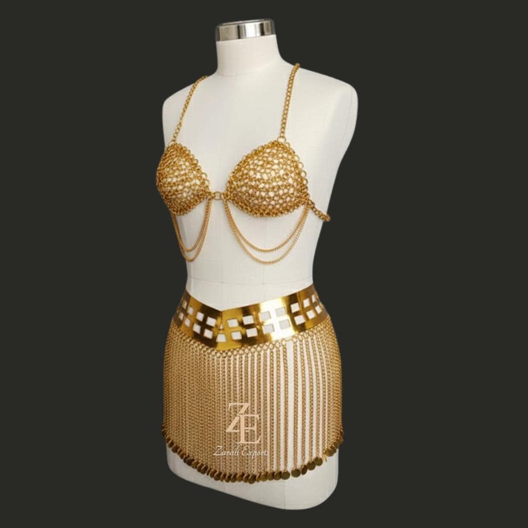 Gold Chainmail Bra Skirt Set, Handmade Armor Bikini Top, Statement ...