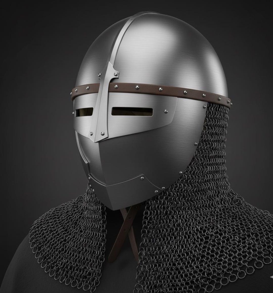 Crusader Steel Visor Helmet, Chainmail Aventail, Medieval Knight Armor ...
