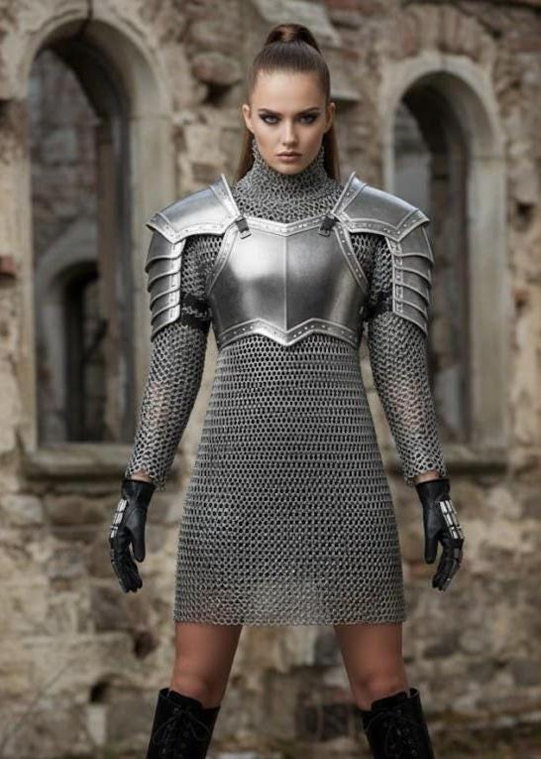 Female Chainmail Armor Dress, Steel Shoulder Plates, Knight Cosplay ...