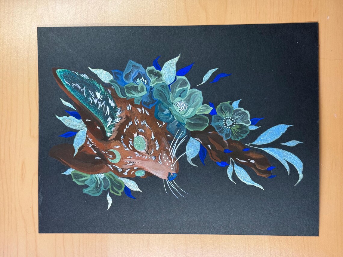 Crescent Moon Fox - Colorshift Gouache Watercolor Painting - Etsy
