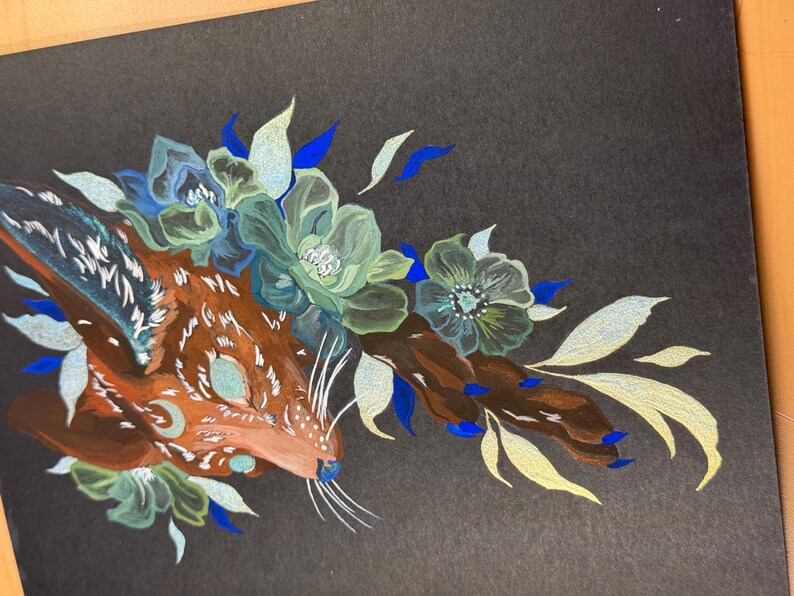 Crescent Moon Fox - Colorshift Gouache Watercolor Painting - Etsy