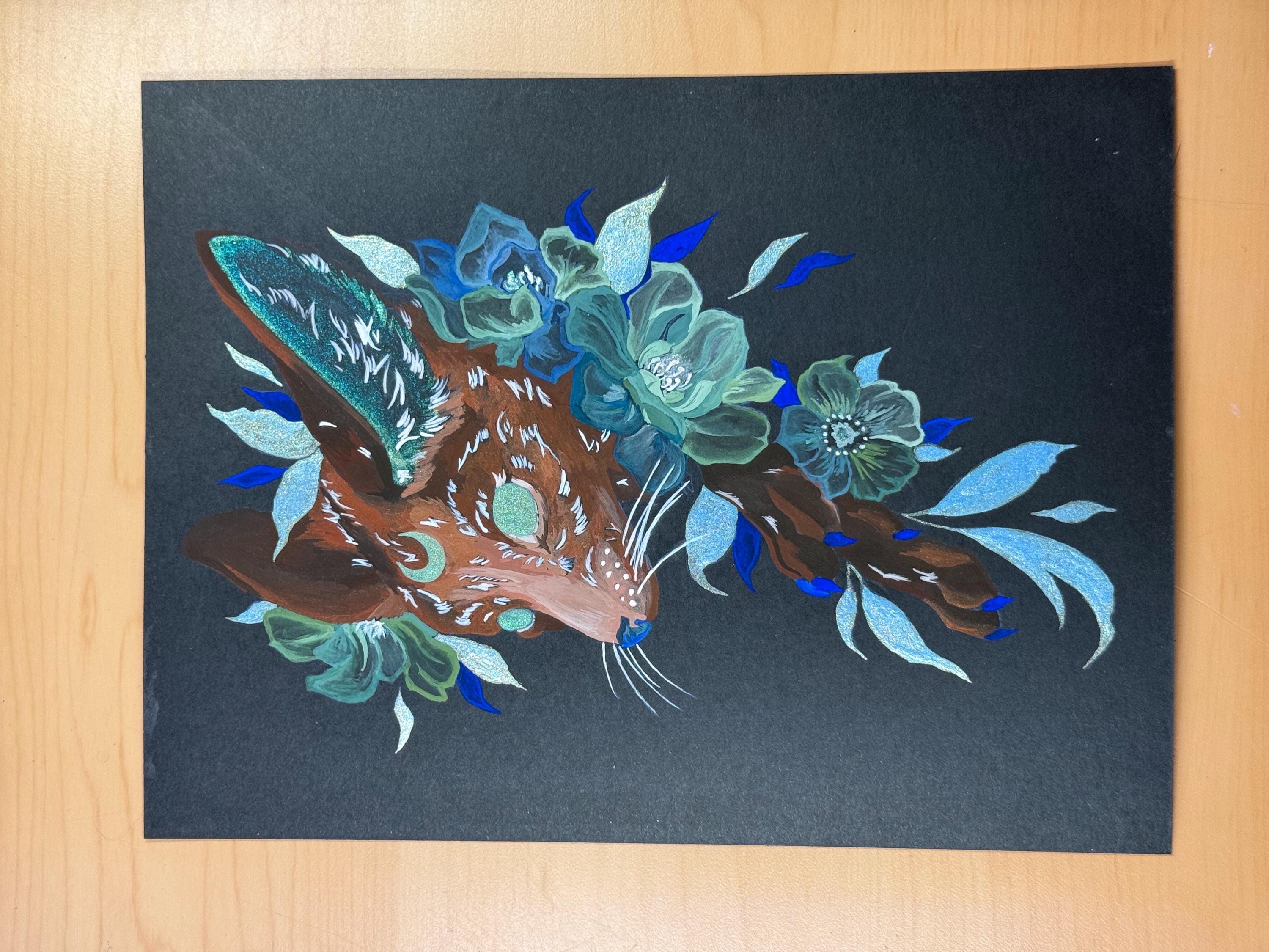 Crescent Moon Fox - Colorshift Gouache Watercolor Painting - Etsy