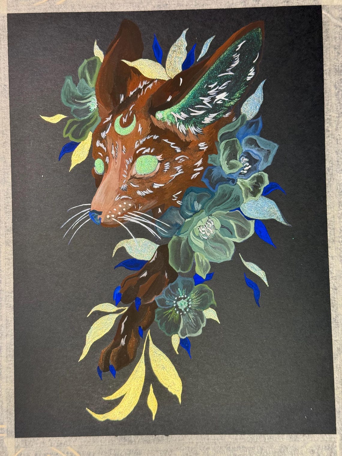 Crescent Moon Fox - Colorshift Gouache Watercolor Painting - Etsy