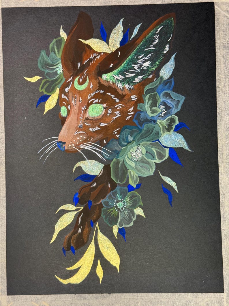 Crescent Moon Fox - Colorshift Gouache Watercolor Painting - Etsy
