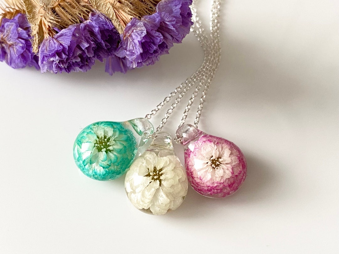 Miniature Pom Pom Flower Necklace: Real Resin Droplet, Sterling Silver ...