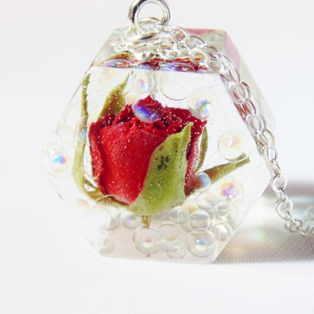 Real Rosebud Necklace, Eco Resin Geometric Pendant, Sterling Silver ...