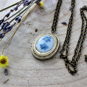 Vintage Brass Locket With Forget Me Nots, Real Flower Necklace, Forget ...