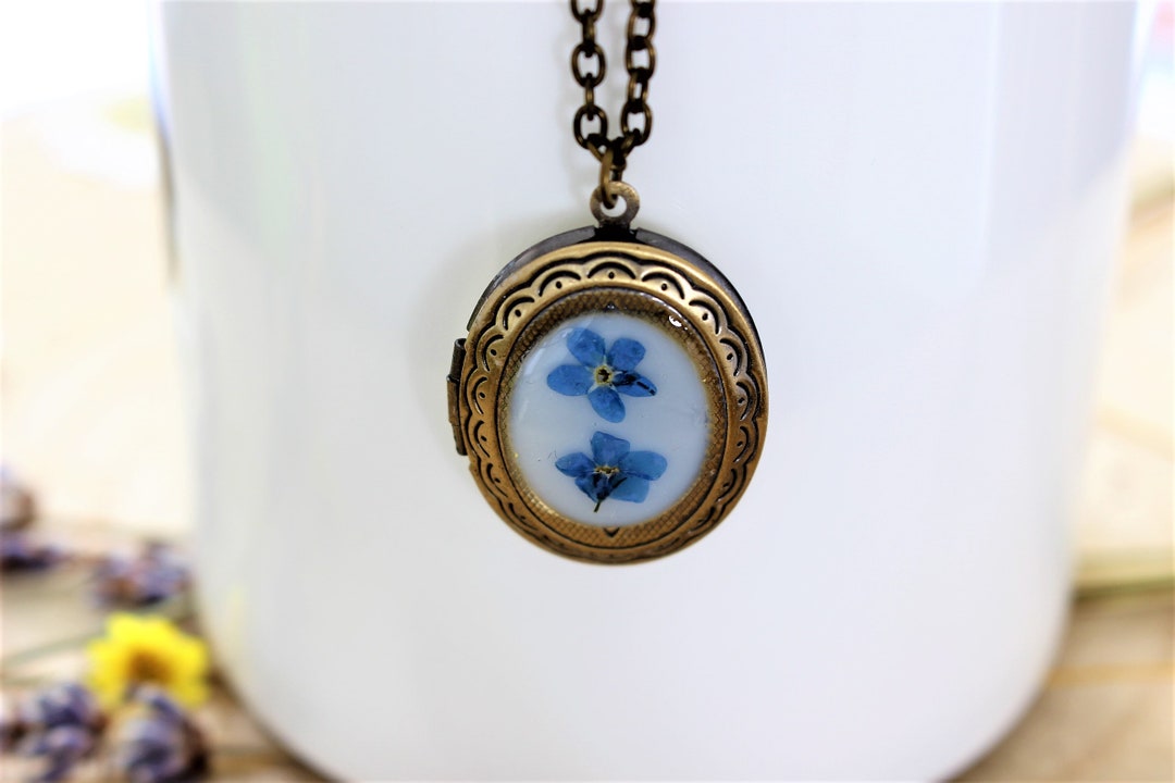 Vintage Brass Locket With Forget Me Nots, Real Flower Necklace, Forget ...