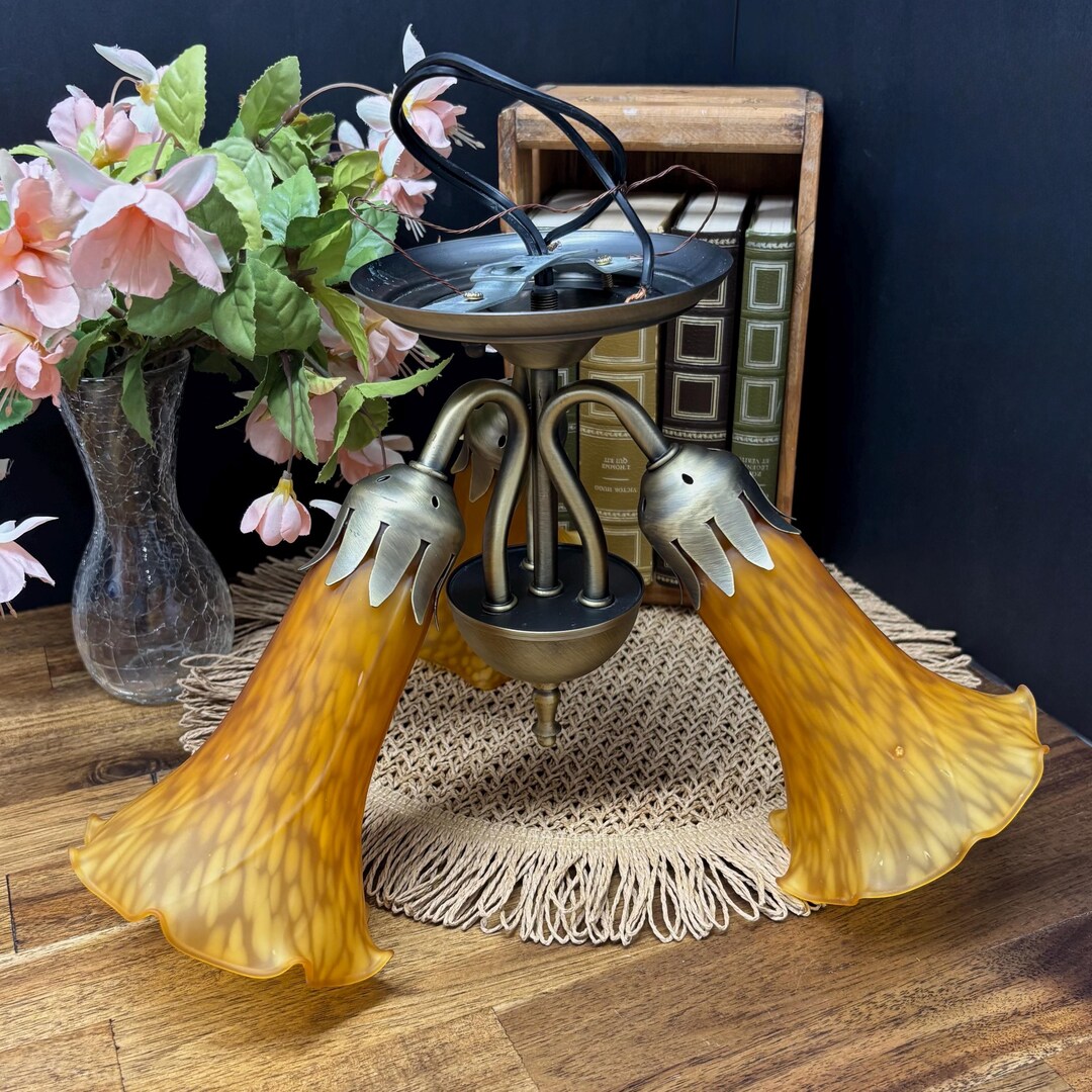 Marbled Amber Glass Tulip Ceiling Light, 3 Lights, Art Nouveau Style ...