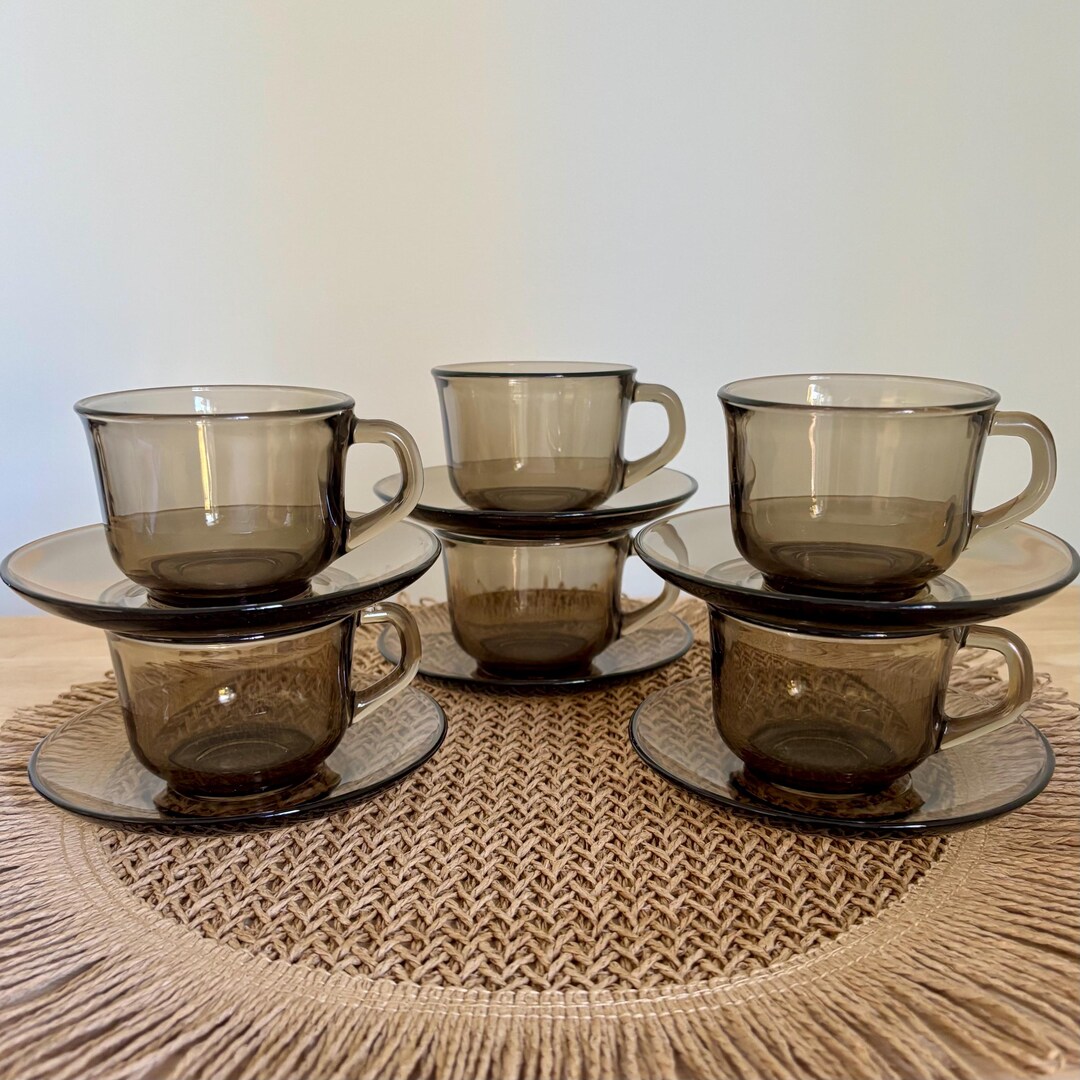 Set of 6 Arcoroc France Cups and Saucers in Smoked Brown Glass - Mid ...