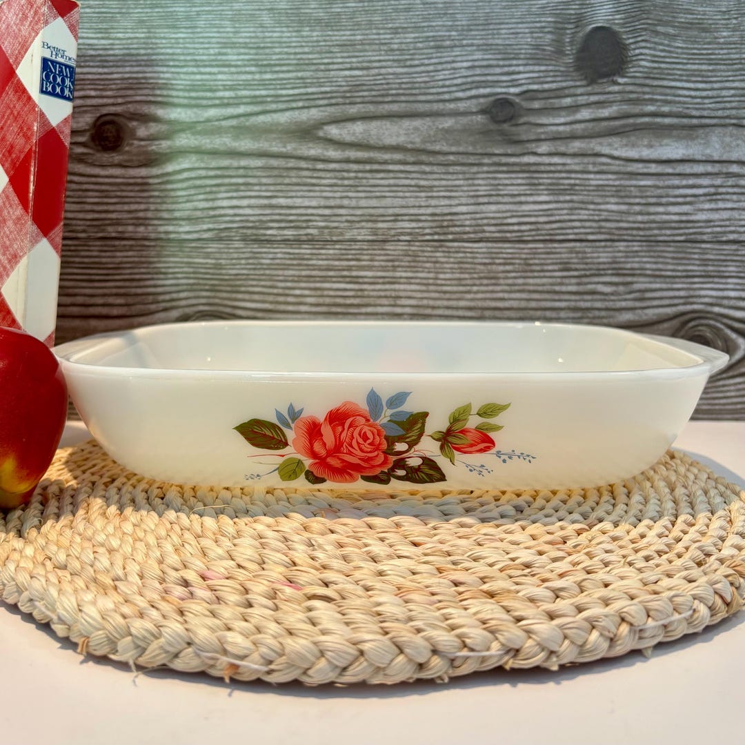 Vintage Pyrex JAJ England Dish in White Opaline Glass With Red Rose ...