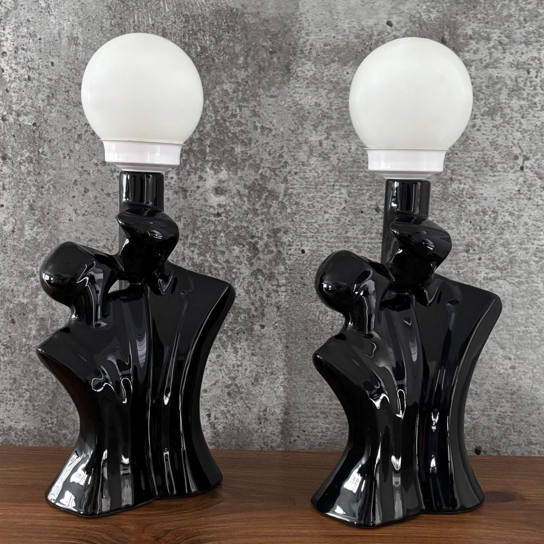 Art Deco Couple Lamp in Black Ceramic With Opaline Globe – Sculpture of ...