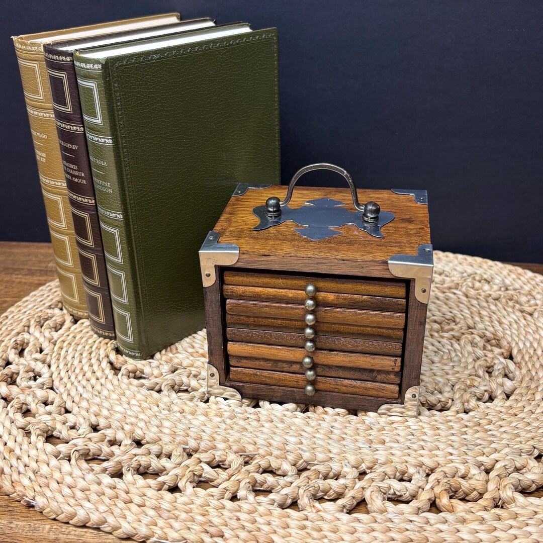 MCM Vintage Wood and Cork Coaster Set – Box With Handle – Mid-century ...