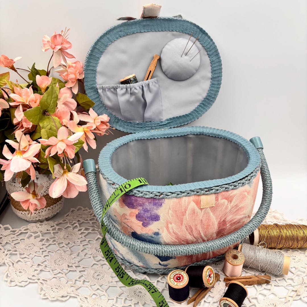 Small Vintage Sewing Basket With Handle, Floral Sewing Box, Retro ...