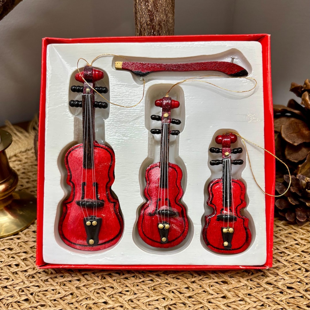 Vintage Burgundy Violin Ornaments – Set of 3 Mini Violins + Wooden Bow ...