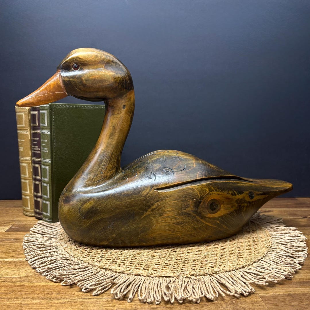 Decorative Duck Carved From Patinated Wood, Large Vintage Handcrafted ...