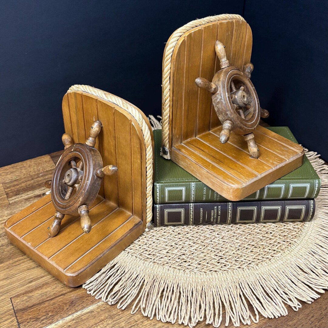 Vintage Wooden Bookends With a Nautical Theme – Boat Wheel Bookends ...