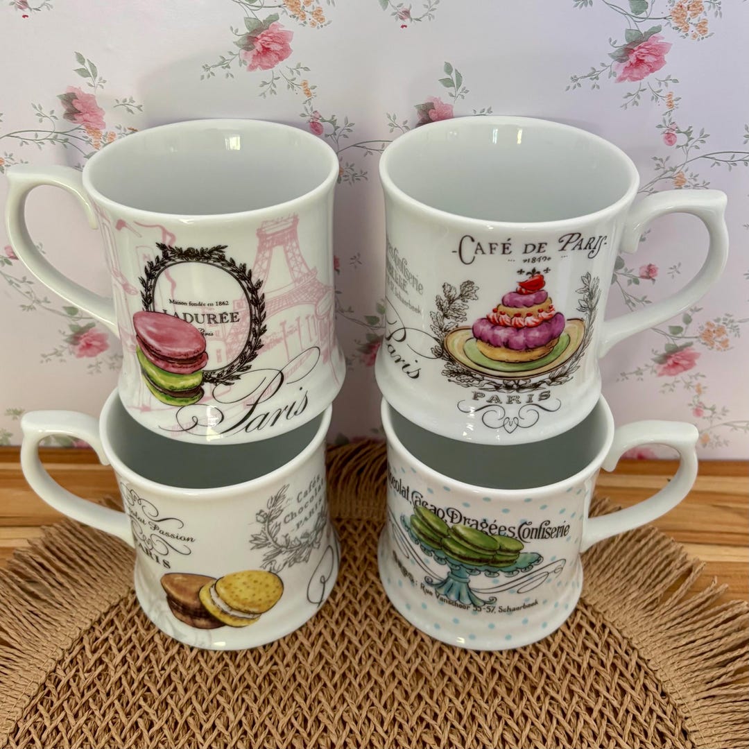 Set of 4 Large Porcelain Cups Decorated With Paris Pastries & Macaroons ...