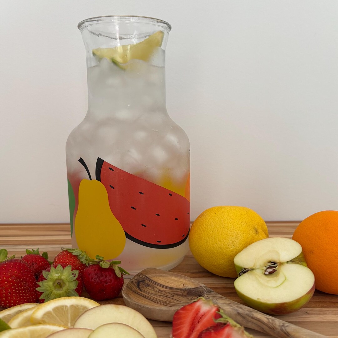 Vintage Glass Carafe With Colorful Fruit Patterns – Apples, Pears ...