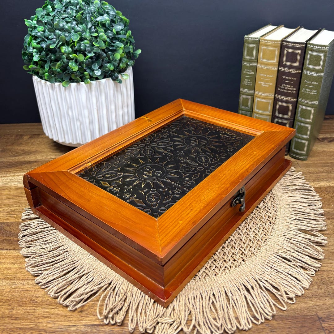 Compartmentalized Wooden Tea Box With Embossed Metal Sun Panel ...