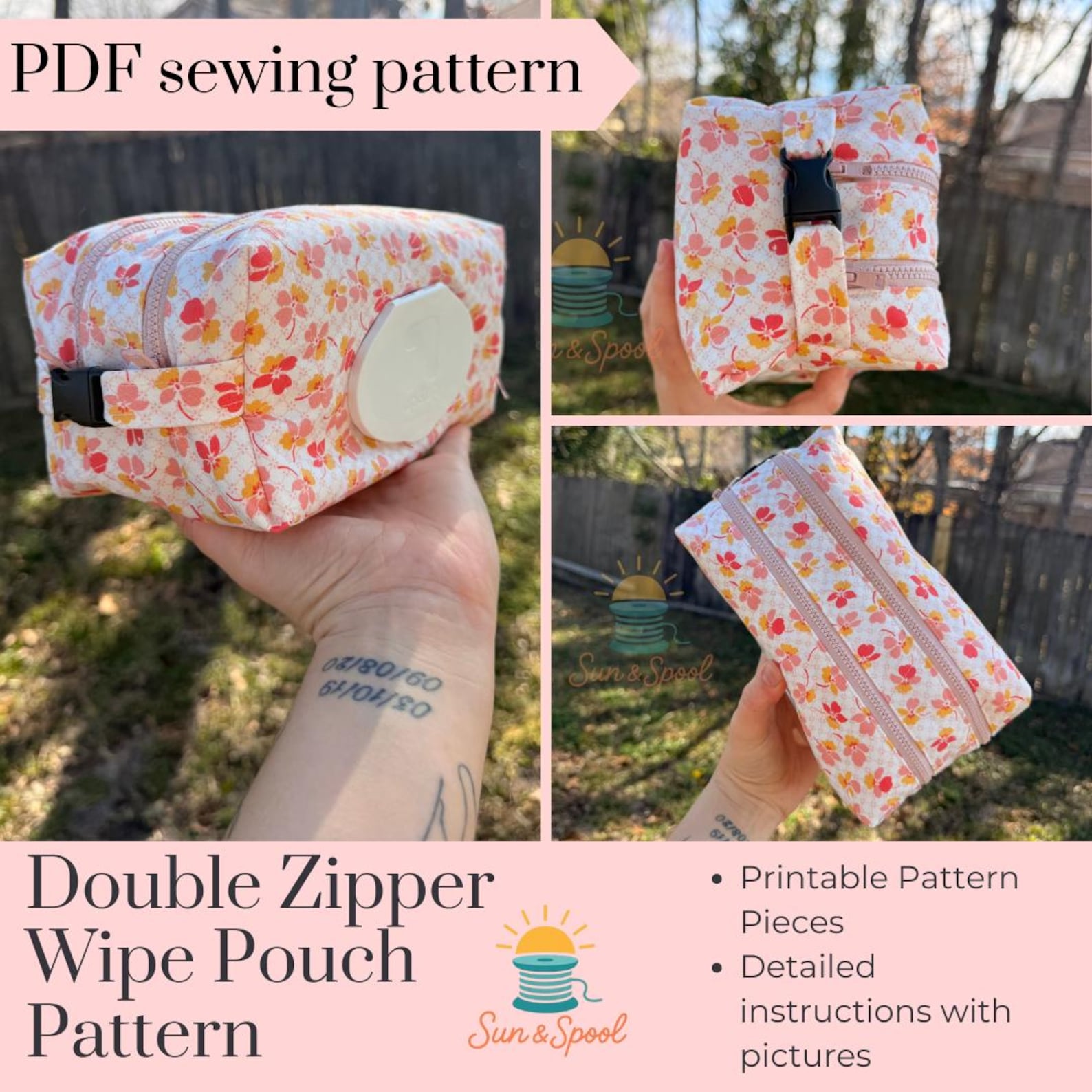 Double Zipper Wipe Pouch PDF Sewing Pattern | Boxy Diaper Bag Wipe Case ...