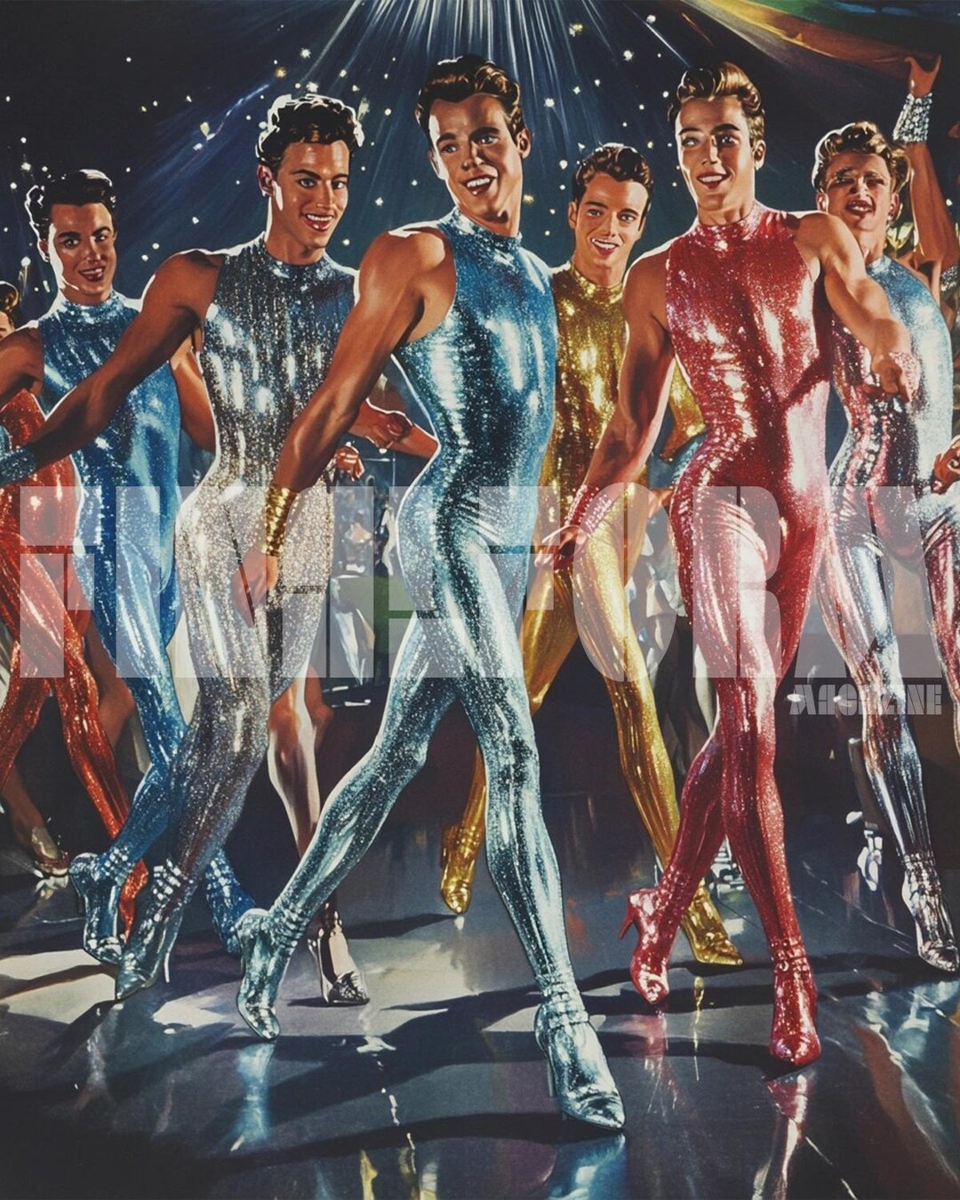 Disco Parade Poster AI Fashion Art With Sparkling Bodysuits and Smiling ...