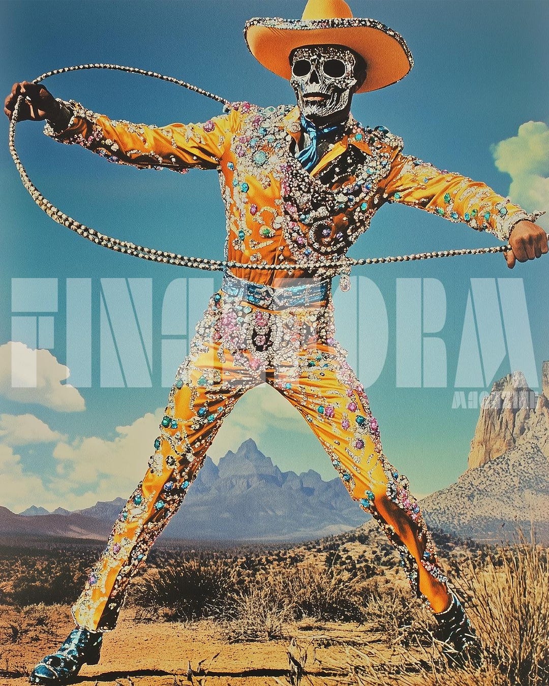 Bejeweled Skeleton Cowboy Art AI Fashion Poster in Yellow Suit Surreal ...