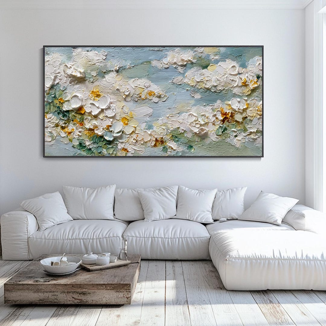 3D Abstract White Floral Canvas Oil Painting Hand Cream Thick Texture ...