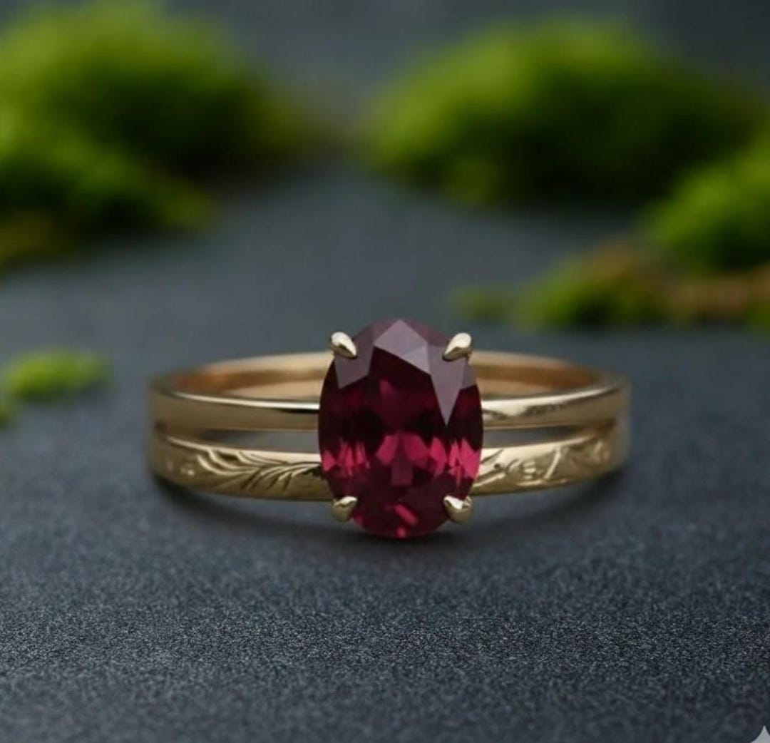 Oval Shape Red Ruby Engagement Ring Set, 14K Solid Gold Bridal ...