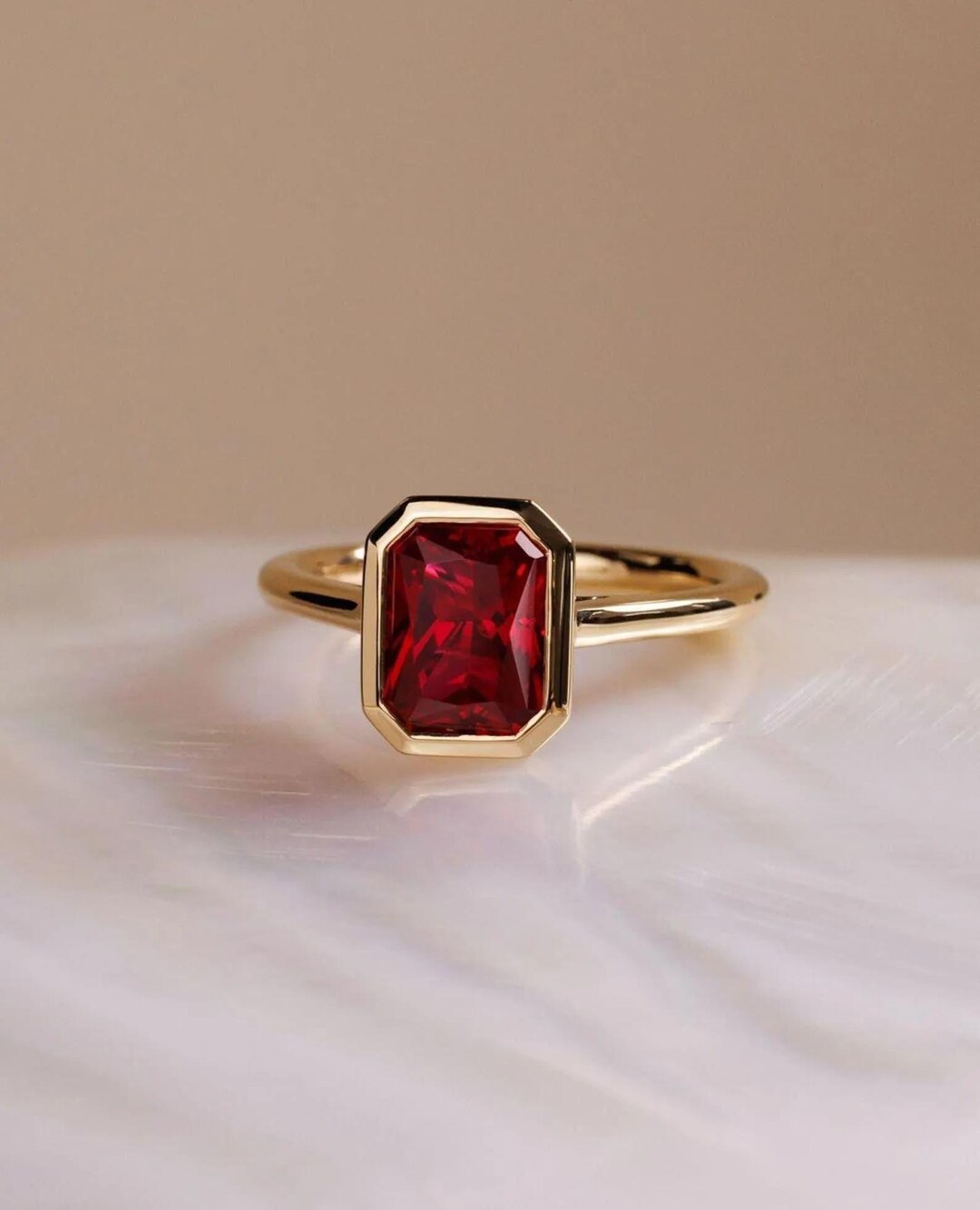 Vintage Emerald Cut Ruby Engagement Ring, Solid Yellow Red Gemstone Gold Ring, Promise Handmade ...