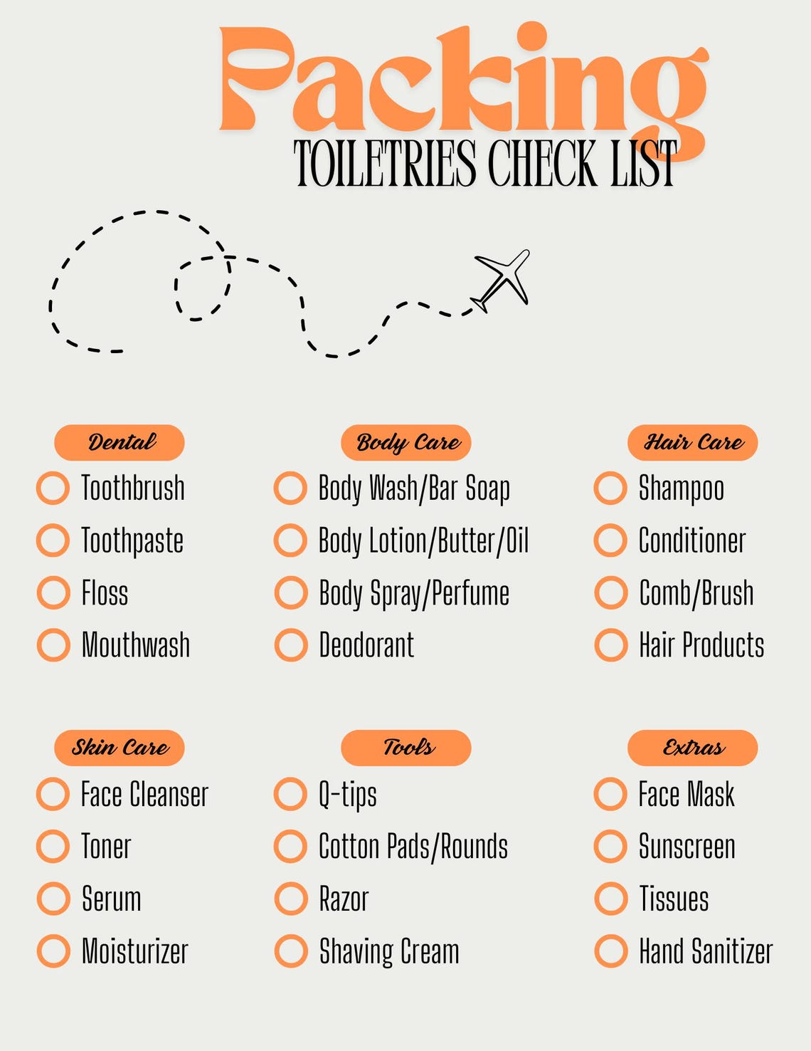 Printable Toiletry Packing Checklist: Travel Essentials List (digital ...