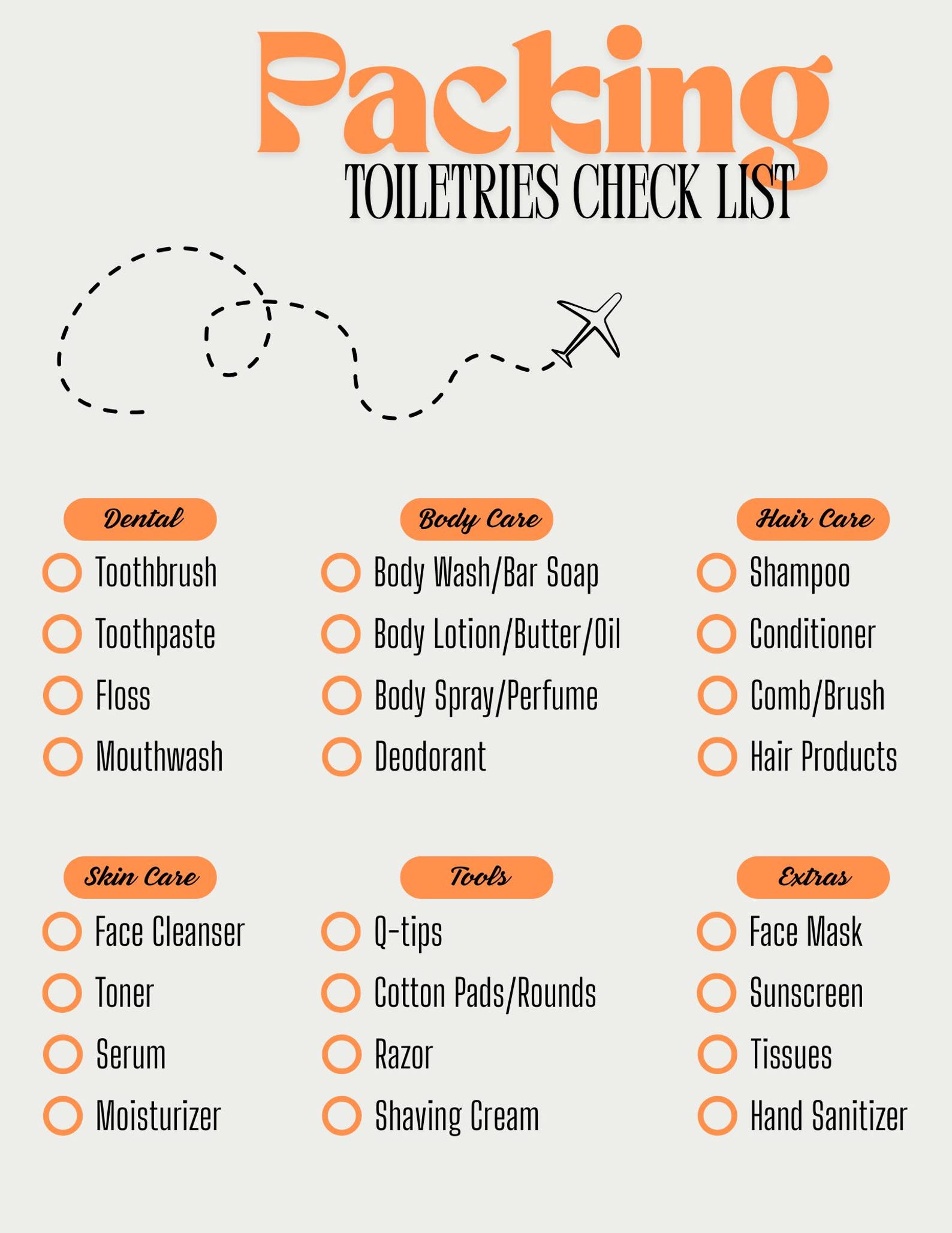 Printable Toiletry Packing Checklist: Travel Essentials List (digital ...